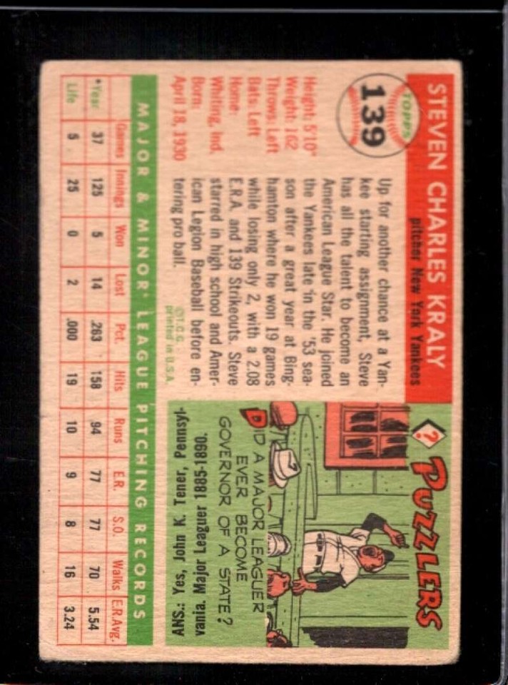 1955 TOPPS #139 STEVE KRALY FAIR (RC) YANKEES UER *NY5155 | eBay