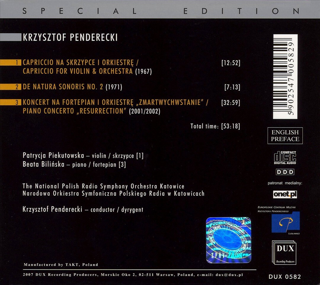 KRZYSZTOF PENDERECKI PENDERECKI: CAPRICCIO; DE NATURA SONORIS II; PIANO CONCERTO 5902547005829| eBay