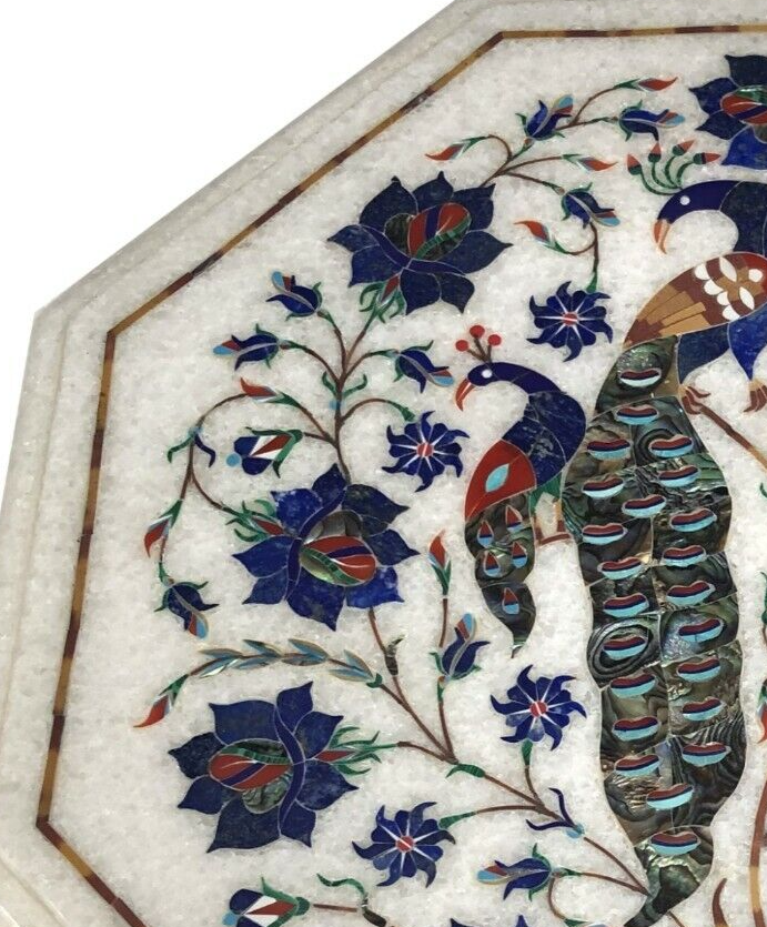 12" Marble Coffee Side Table Top Lapis Peacock Floral Inlay Bedroom ...