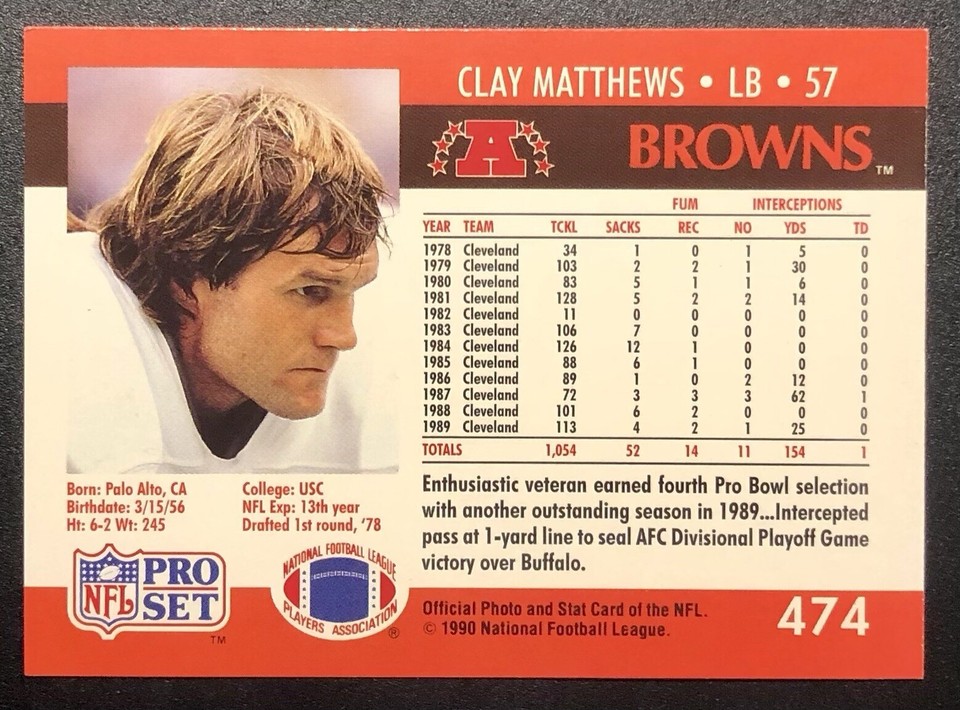 1990 Pro Set - #474 Clay Matthews | eBay