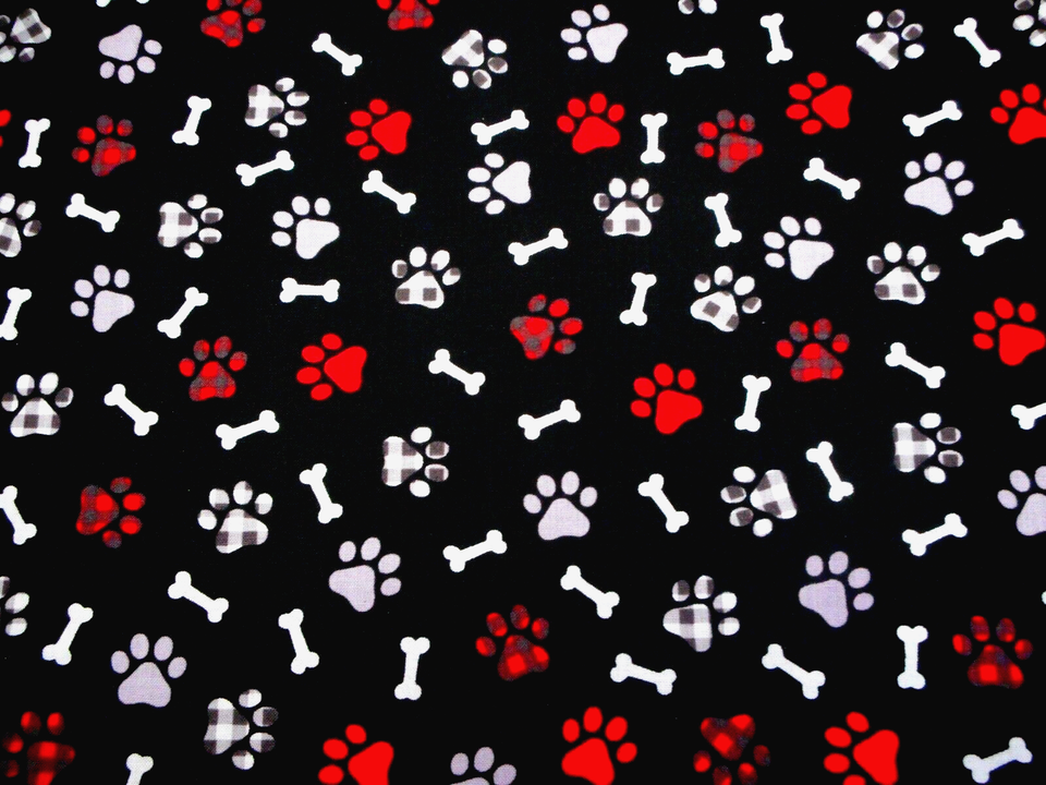 Dog Fabric By Yard Red White Gray Paw Prints & Bones on Black Premium ...