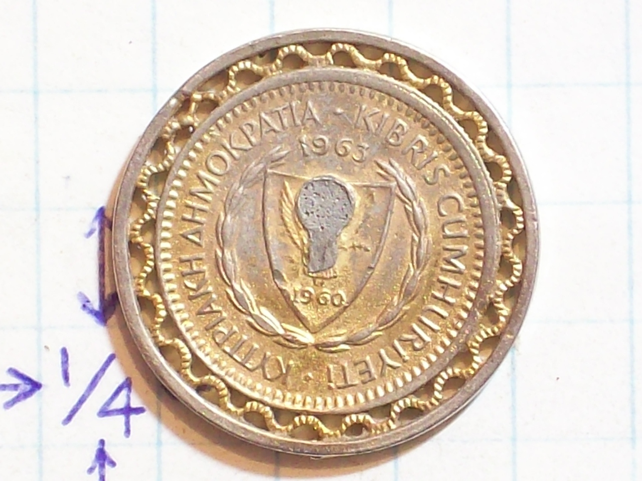 PENDANT COIN 25 MILS CYPRUS KYTTPIAKH DHMOKPATIA KIBRIS CUMHURIYETI ...