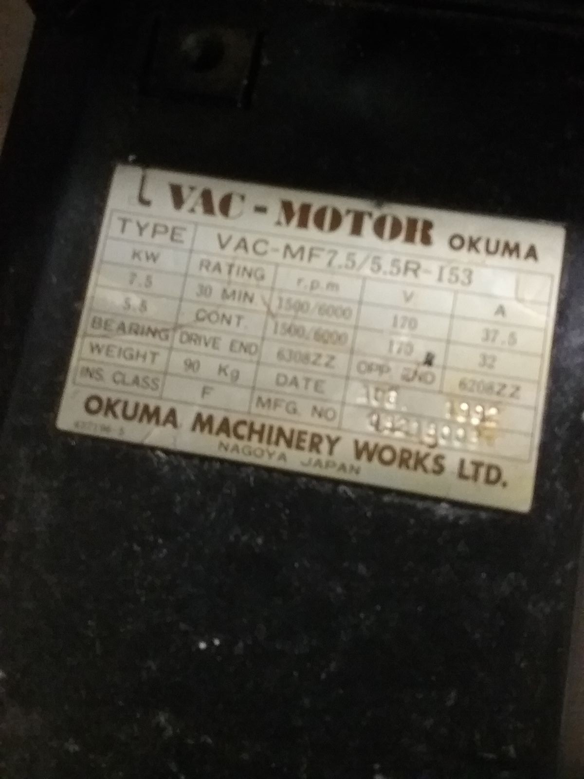 Okuma Spindle Motor / VAC Motor VAC-MF7.5/5.5R-153 _ VACMF7.55.5R153 | eBay