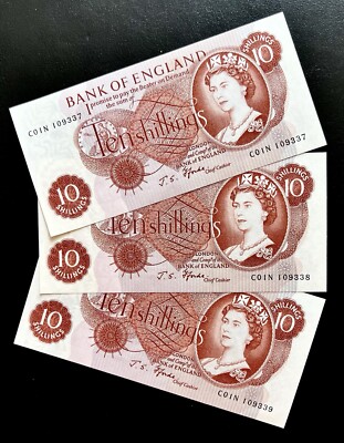 Three Rare Uncirculated Consecutive 1966 Ten Shilling Bank Notes Prefix ...