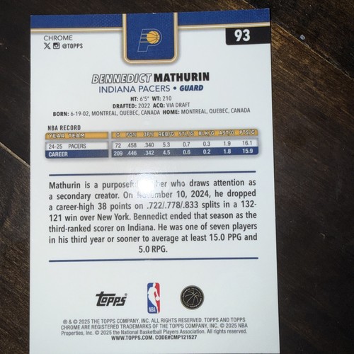 BENEDICT MATHURIN YELLOW RAYWAVE REFRACTOR 009/275- 2025-26 Topps ...