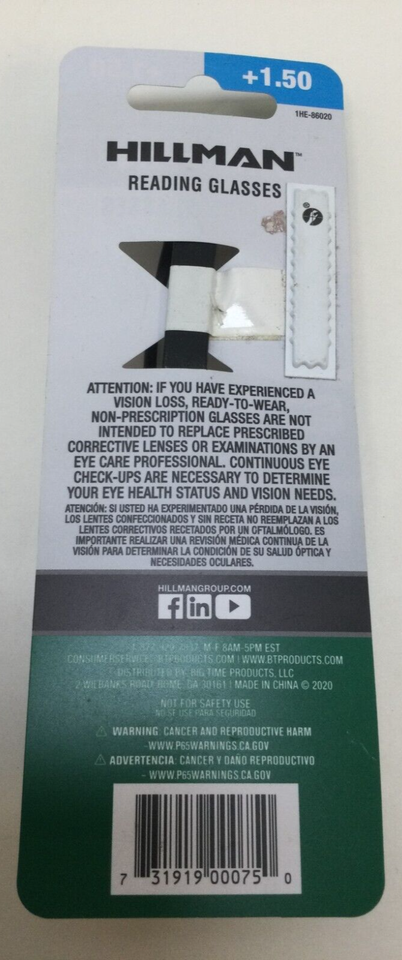 Hillman Reading Glasses, Unisex Readers, 2 Pair, New Black, +1.50, Free ...