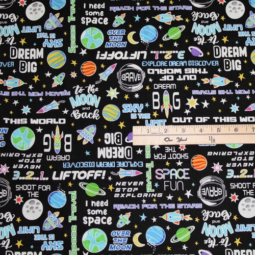 Lift Off Space Galaxy Words Astronuat Planets Rockets Fabric 1/2 Yard ...