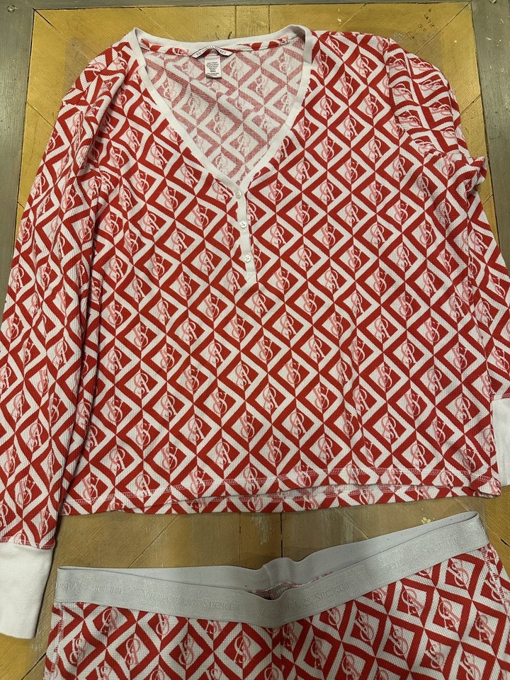 Victoria Secret Pajama Set XXL Top & Bottom Red White Pink Thermal PJ ...