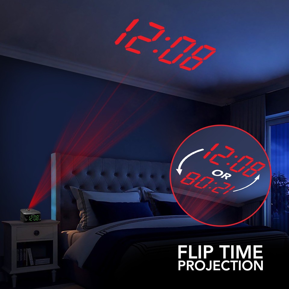 NELSONIC AM/FM Projection Dual Alarm Clock Radio Black Silver Green LED ...