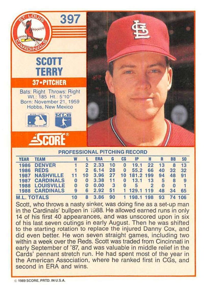 1989 Score #397 Scott Terry NM-MT Cardinals | eBay