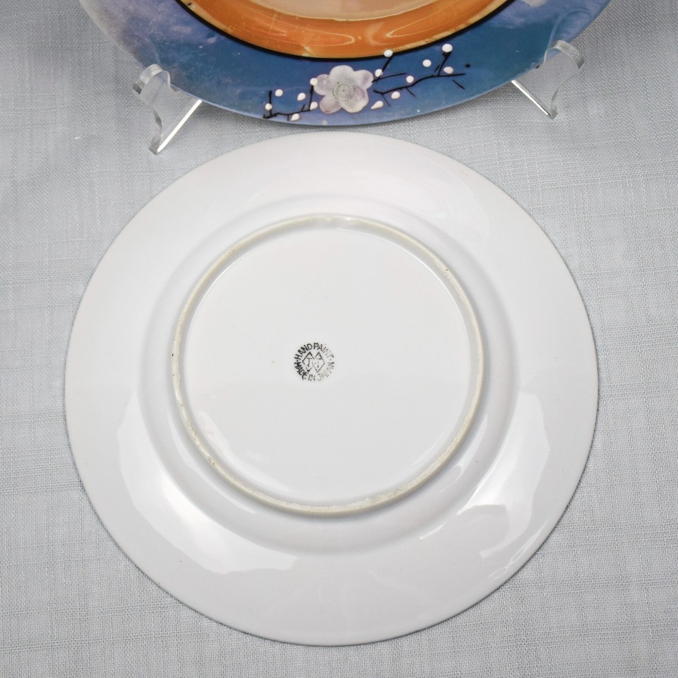 3 - Takito LUSTERWARE Salad Plates 7 1/4" Diam, Japan, Blue Rim, Orange ...