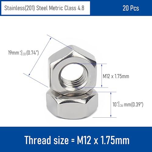 20PCS M12-1.75 Hex Nuts Stainless Steel 201 Metric Coarse Thread ...