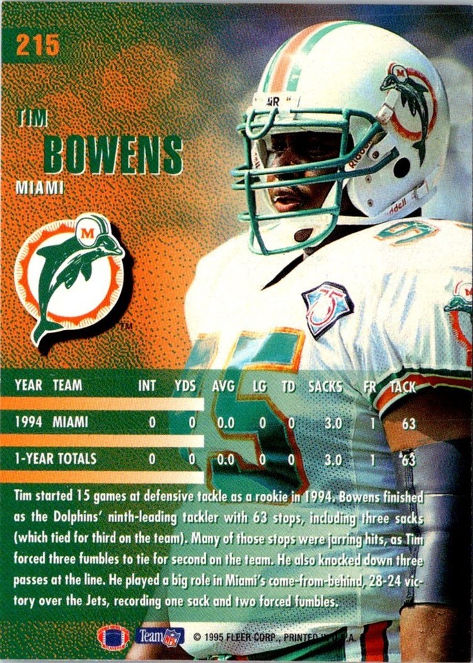 1995 Fleer Tim Bowens #215 Miami Dolphins Football Card | eBay