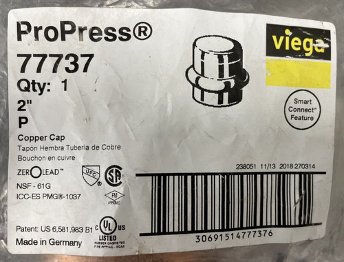 77737 Viega 2" ProPress Copper Pipe Cap, Lead Free (P) w/ EPDM Seal | eBay