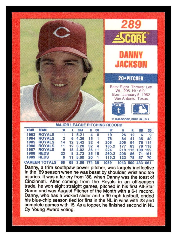 1990 Score #289 Danny Jackson - Cincinnati Reds | eBay