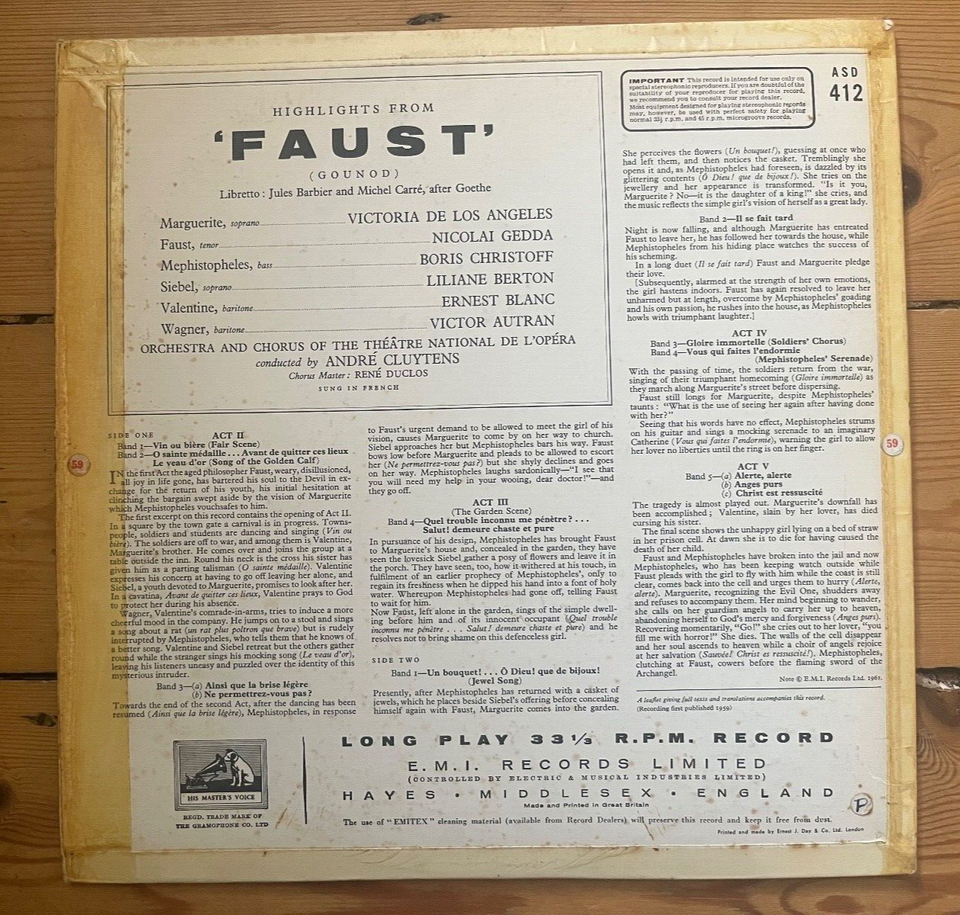 ASD 412 Gounod Faust Highlights De Los Angeles Gedda Cluytens W/G | eBay
