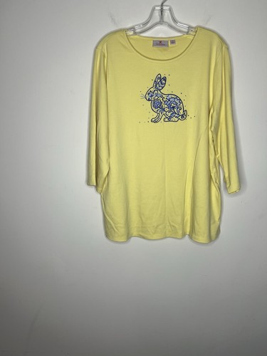 Quacker Factory Womens Shirt 1X Yellow Bunny Embroidered Easter 3/4 ...