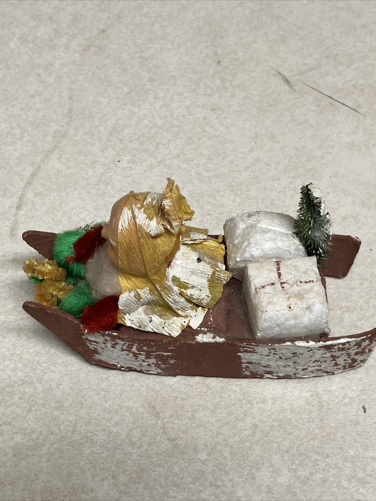 VTG X-MAS Rare Putz Santa Sleigh Gnome Paper Mache Chenille SpunCotton ...