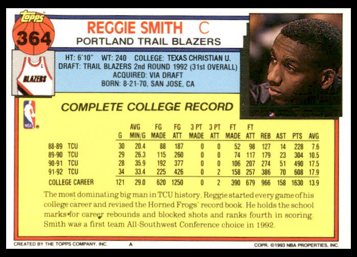 1992 Topps #364 Reggie Smith Portland Trail Blazers Basketball Card | eBay