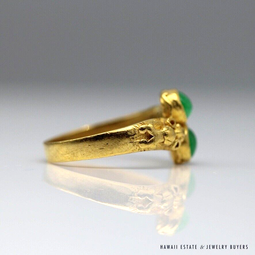 6.4g 24KYG 4mm ROUND GREEN JADE ENGRAVED RING SIZE 7.75 | eBay