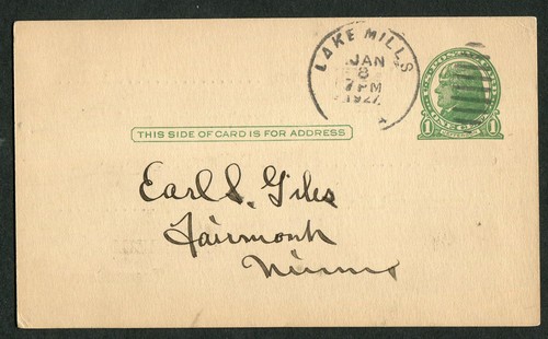1927 Lake Mills IA to Fairmont MN Postal Card Insurance Receipt 1c ...