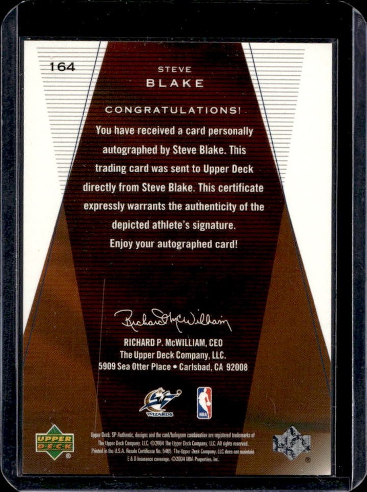 2003-04 SP Authentic Steve Blake Rookie RC Auto #656/1250 #164 Wizards ...