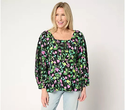 Susan Graver PURE Embroidered Printed Cotton Gauze Blouse Orchid/Black ...