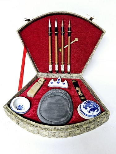 Vintage Chinese Calligraphy Pen Writing Set w/ Water Dish Brushes ...