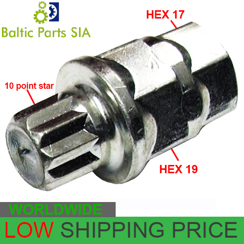 Tuner Lug Nut Adaptor Hex 17/19 Removal key 10 point Star Drive Tool ...