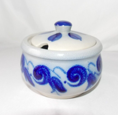 GERMAN SALT GLAZED POTTERY SUGAR BOWL&LID COBALT BLUE & GREY Serve Ware ...