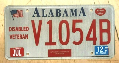 2012 ALABAMA DISABLED VETERAN MILITARY LICENSE PLATE " V 1054 B " AL ...