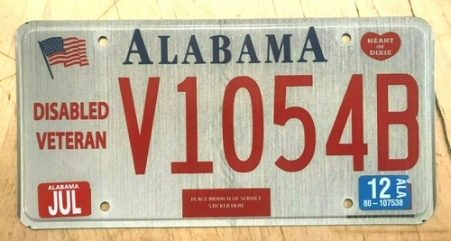 2012 ALABAMA DISABLED VETERAN MILITARY LICENSE PLATE " V 1054 B " AL ...