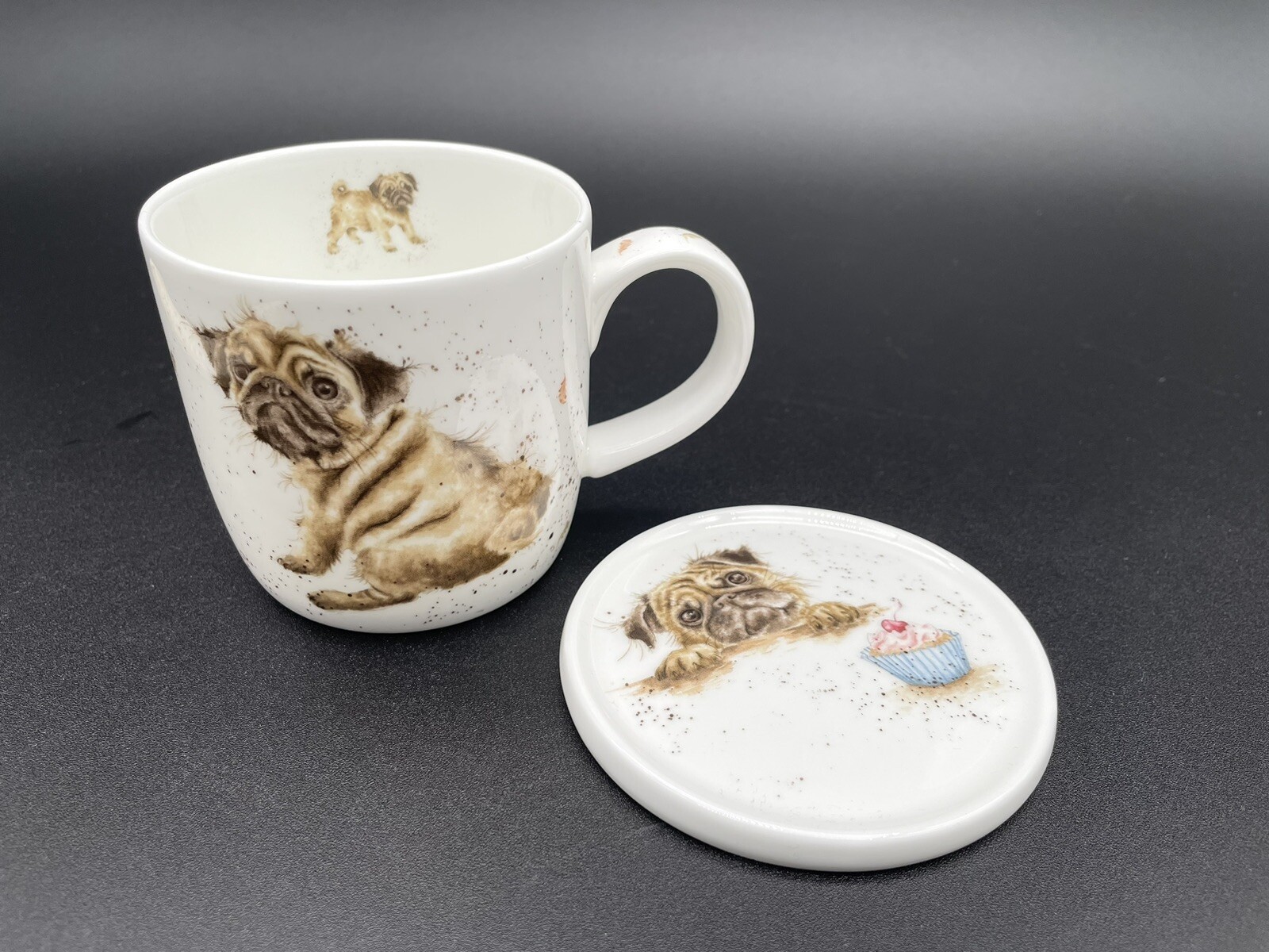 Royal Worcester Wrendale Fine Bone China Mug & Lid/Coaster Pug Love ...