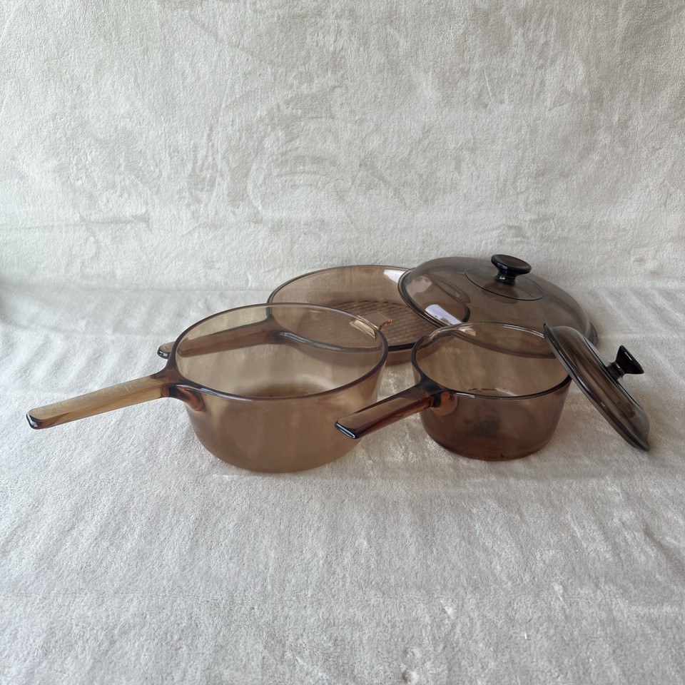 VTG CORNING VISION Pyrex Amber Cookware 5 Piece Lot Pots Lids USA ...