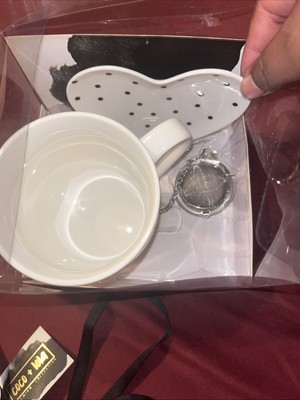 NEW 3 PC COCO LOLA TEA SET POLKA DOTS BLACK,WHITE,GOLD MUG "TEA RIFIC ...