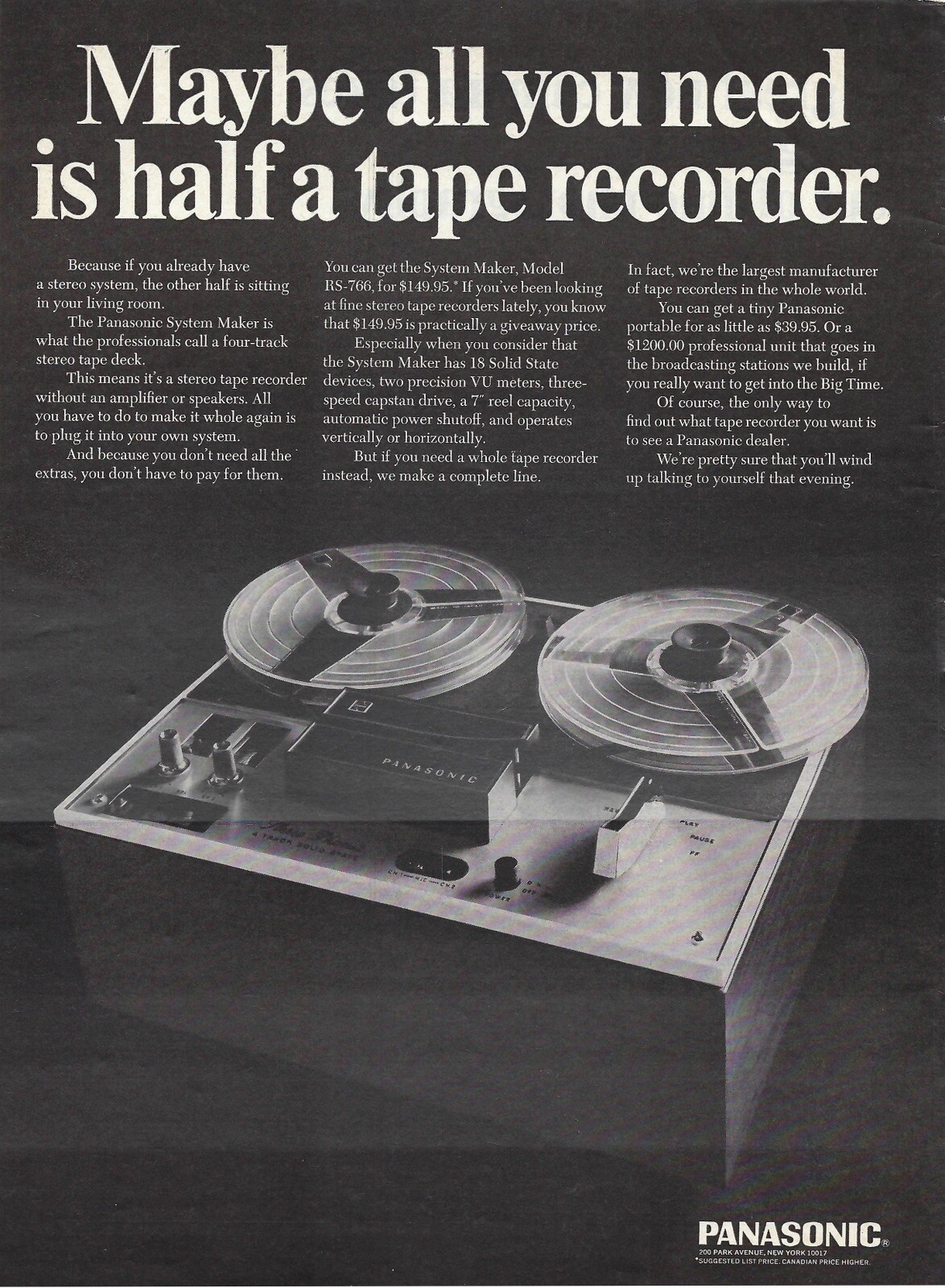 1967 Panasonic Tape Recorder System Maker Model RS-766 Vintage Print Ad ...