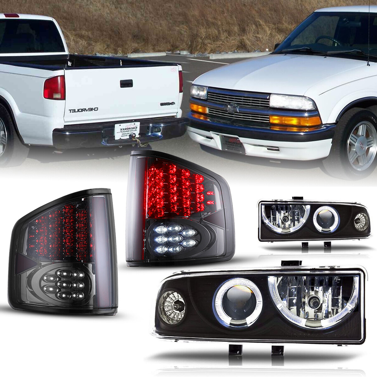 For 1998-2004 Chevy S10 Halo Projector Black Headlights+Rear LED Tail ...