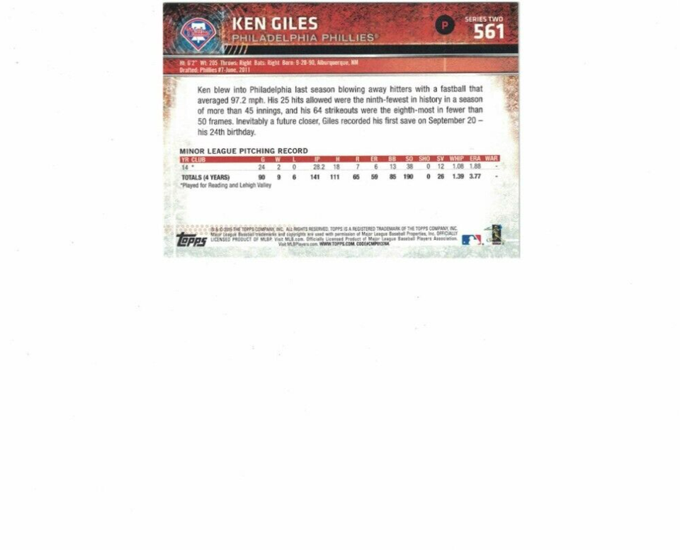 KEN GILES SIGNED IP SERIES 2 TOPPS 2015 #561 PHILADELPHIA PHILLIES AUTO ...
