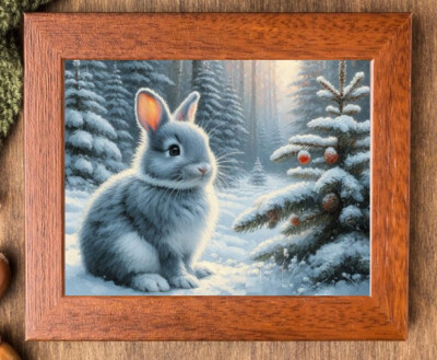 Winter Forest White Snow Bunny Rabbit Woodland art Oil painting print ...
