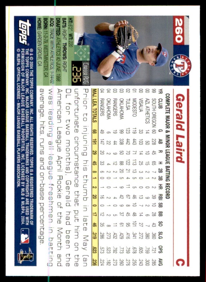 2005 TOPPS GERALD LAIRD TEXAS RANGERS #260 | eBay