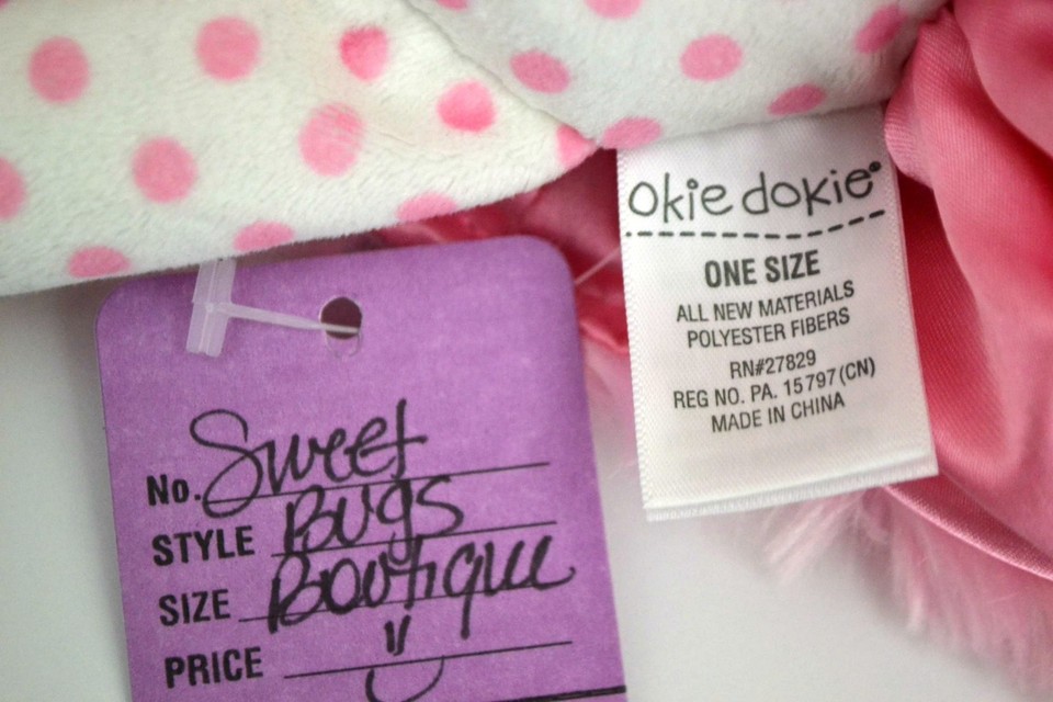 OKIE DOKIE Pink Plush Polka Dot Baby Doll Lovey Rattle Blonde Hair Blue ...