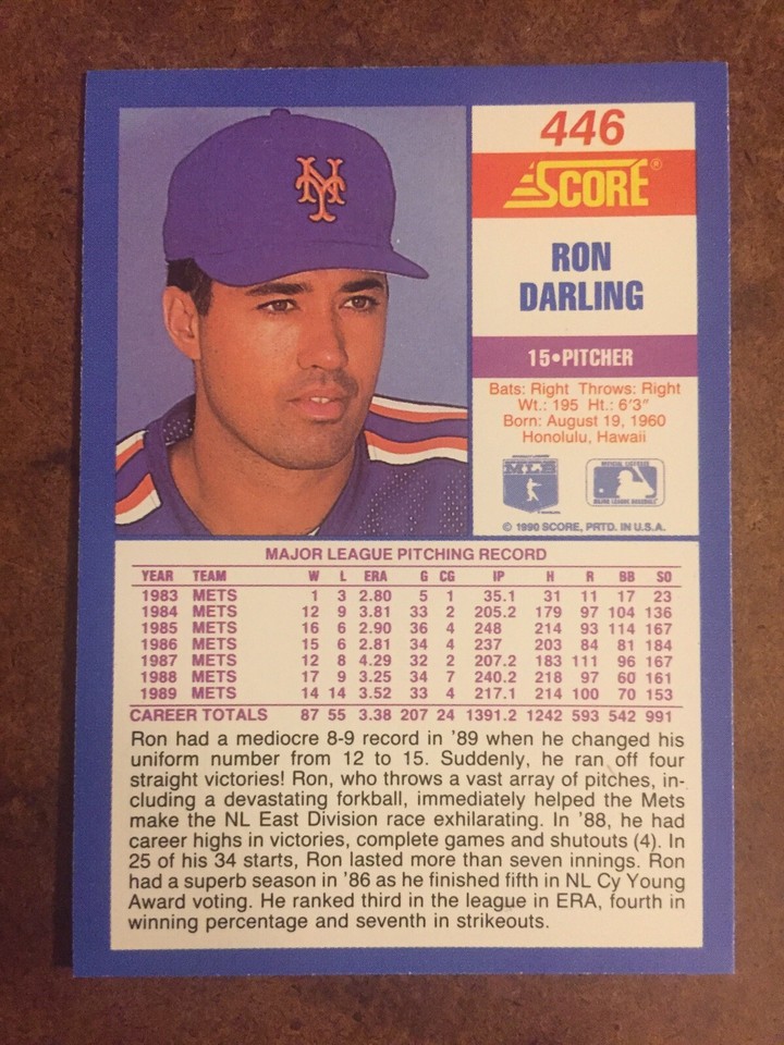 Ron Darling 446 Score 1990 MLB Baseball Trading Card | eBay