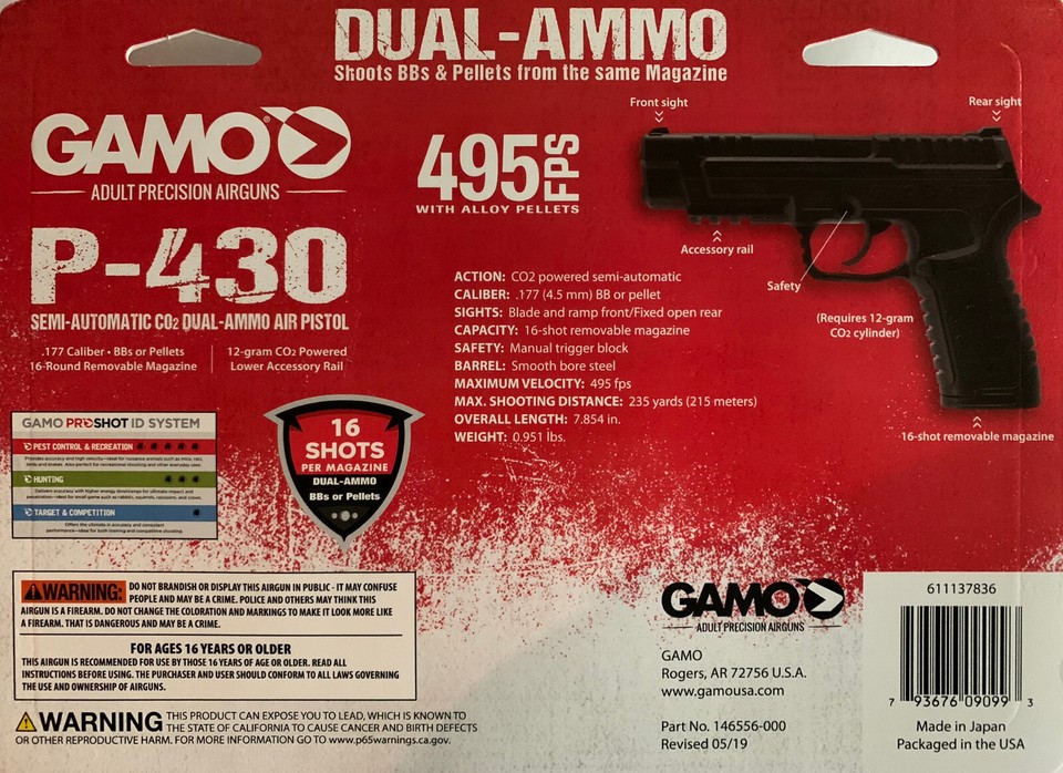 Gamo P-430 CO2 Dual Ammo Air Pistol .177 Caliber BB/Pellet - 611137836 ...