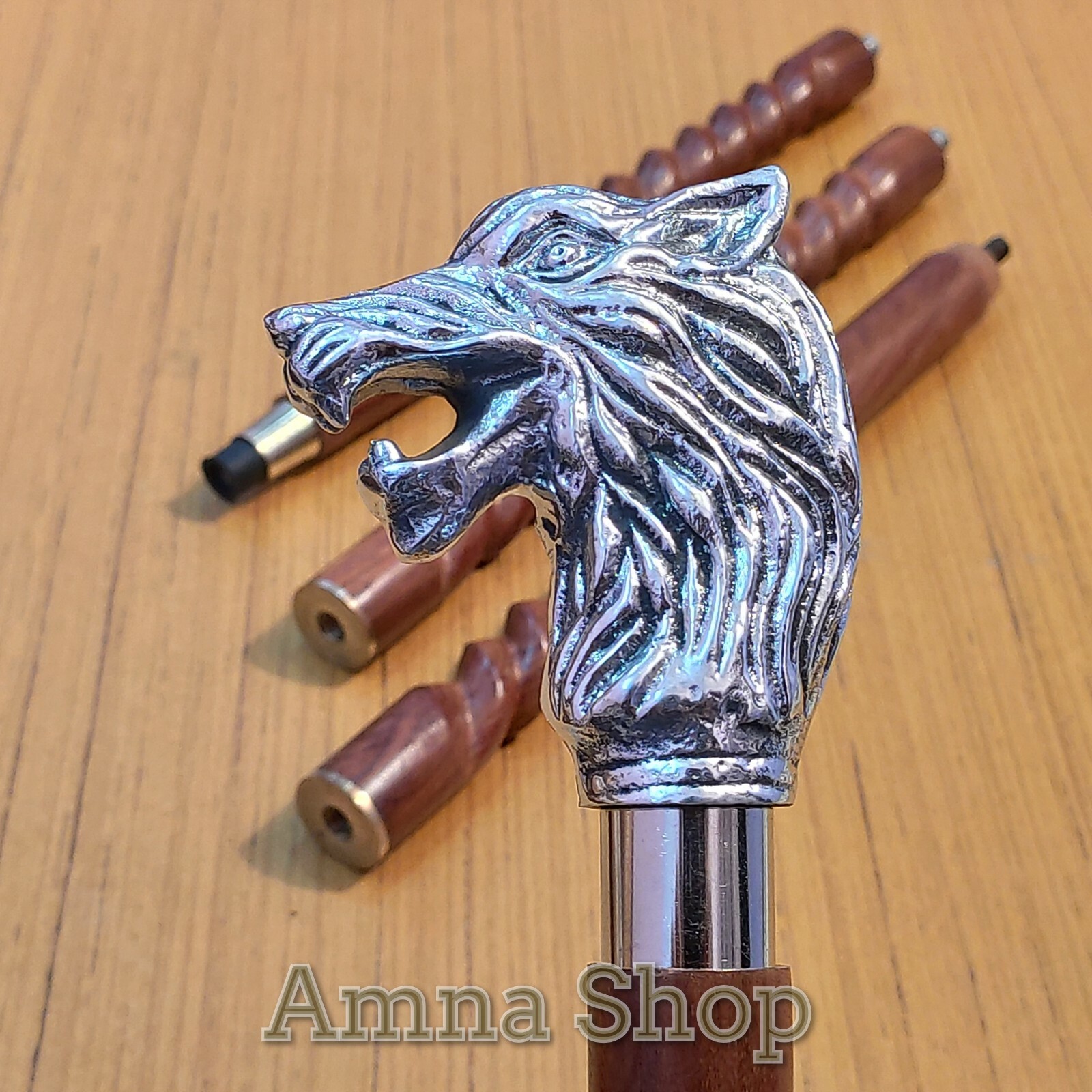 Wooden Walking Stick Cane Wolf Head Handle Gift Antiq… - Gem