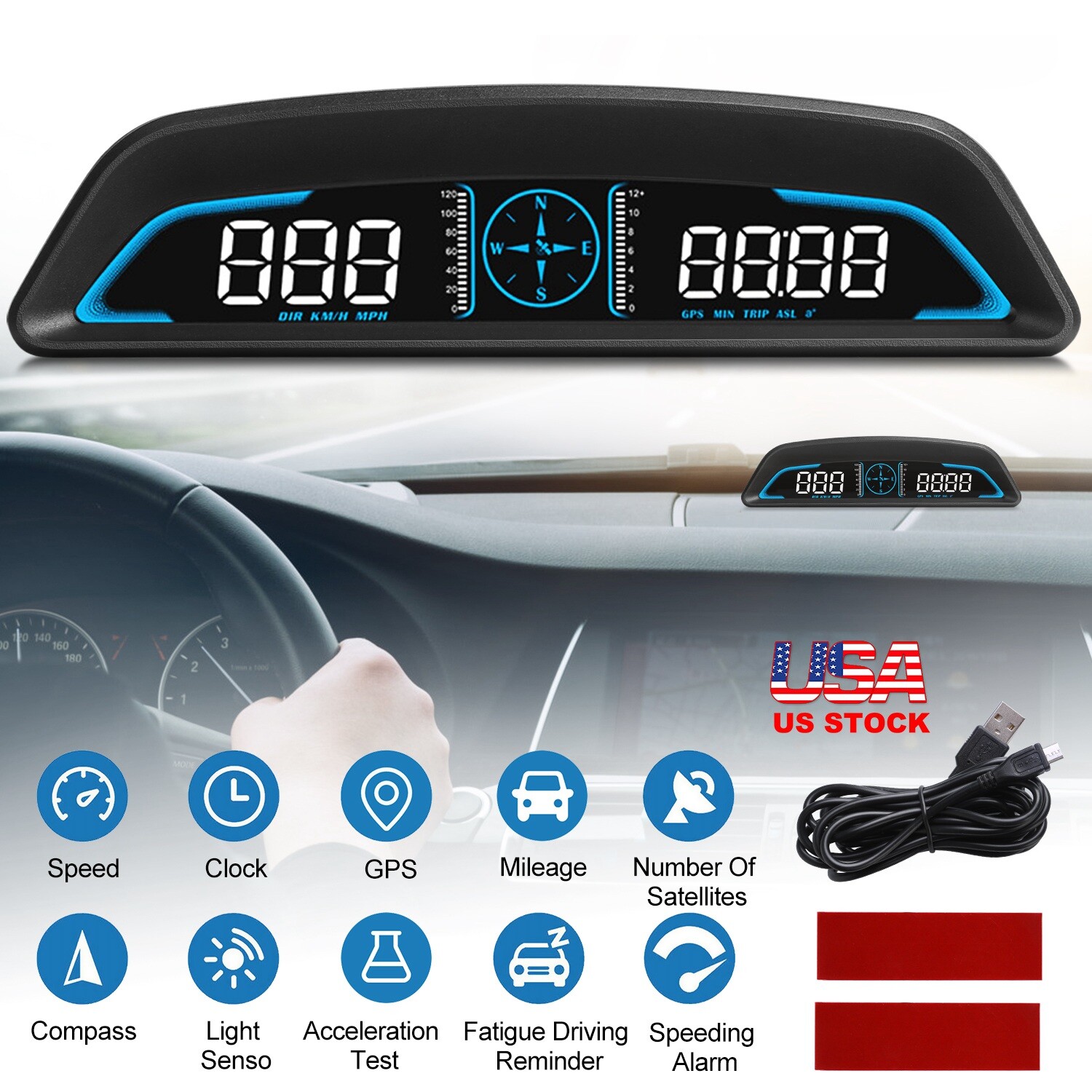 Universal Car HUD Head Up Display Digital GPS Speedometer MPH Overspeed ...