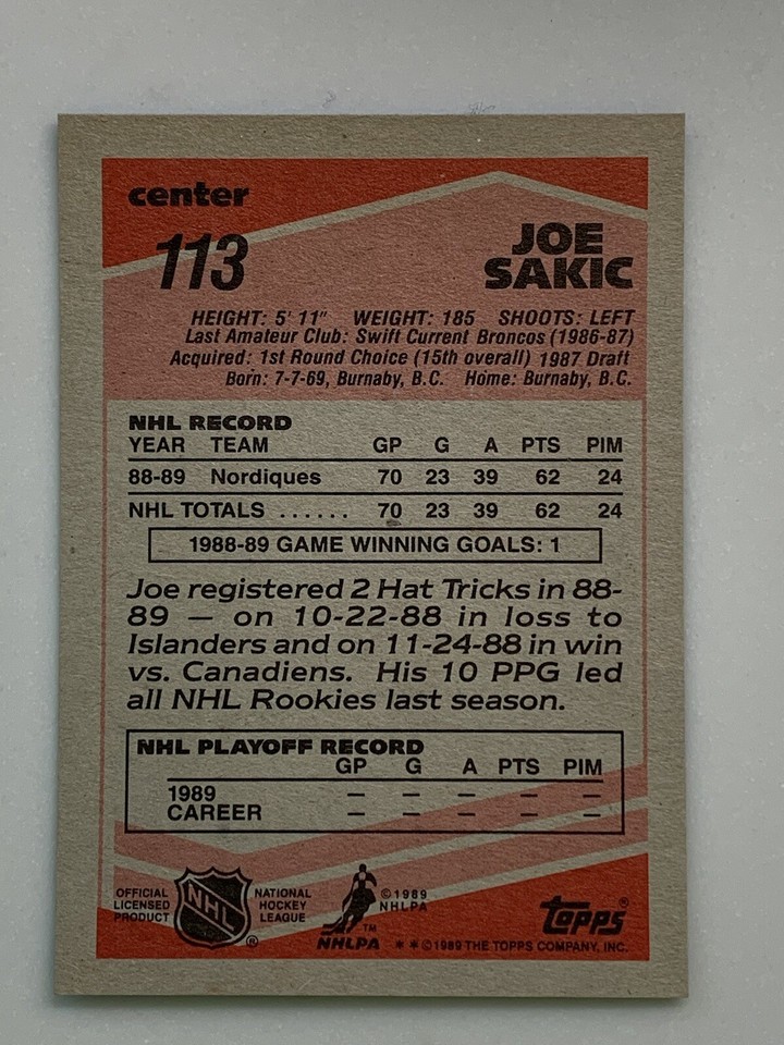 JOE SAKIC 1989-90 Topps RC #113 Quebec Nordiques Rookie Card EX-NM ...