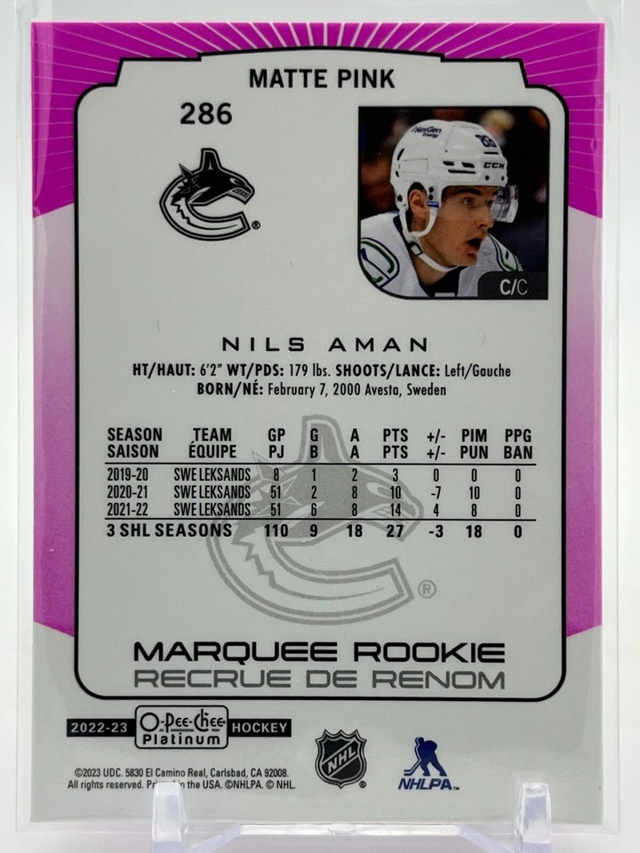 22/23 OPC Platinum Matte Pink #286 Nils Aman Vancouver Canucks | eBay