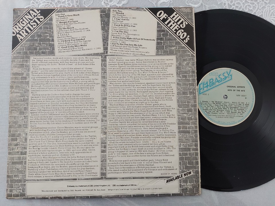 VINYL LP 12" HITS OF THE 60S - CARNABY ST. - SHADOWS/D.CLARK/HOLLES/C ...