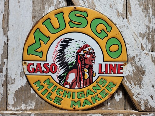 VINTAGE MUSGO GASOLINE SIGN OLD EMBOSSED METAL SERVICE SALES GAS OIL ...