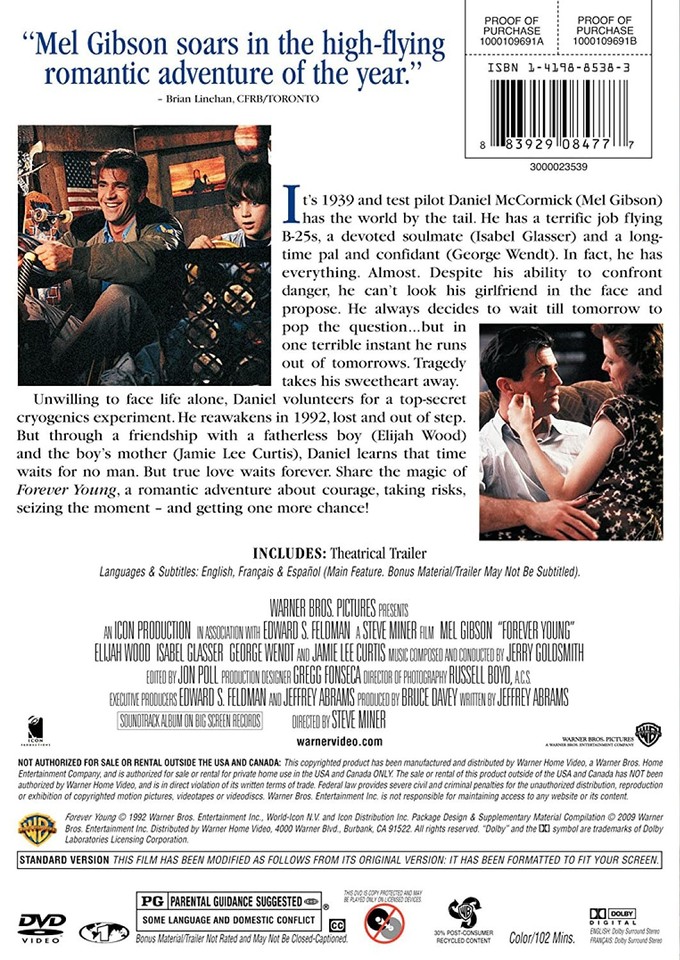 Forever Young (Keepcase) (DVD) Mel Gibson Jamie Lee Curtis Elijah Wood ...
